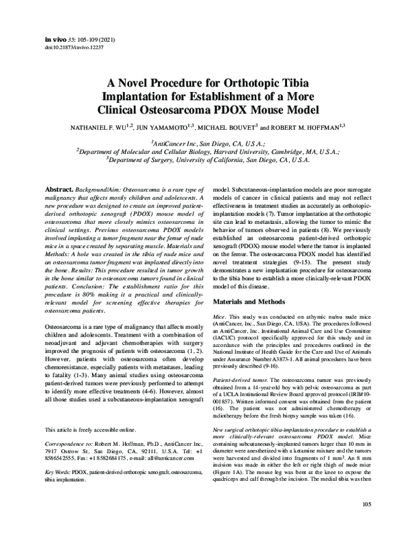 (PDF) A Novel Procedure for Orthotopic Tibia Implantation for ...