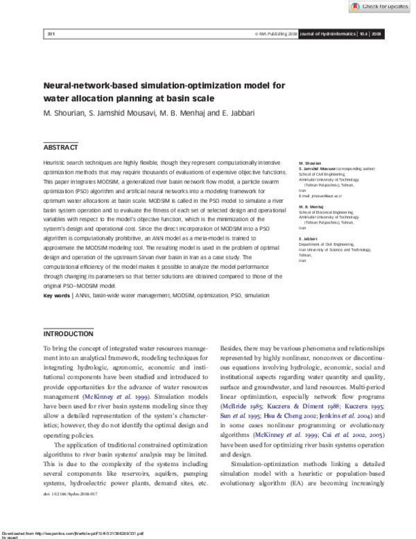 Pdf Neural Network Based Simulation Optimization Model For Water