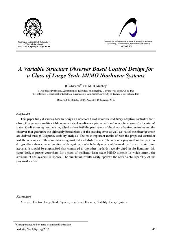(PDF) A Variable Structure Observer Based Control Design for a Class of ...