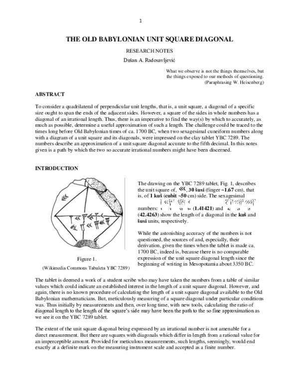 (PDF) THE OLD BABYLONIAN UNIT SQUARE DIAGONAL.pdf | Dusan Radosavljevic ...
