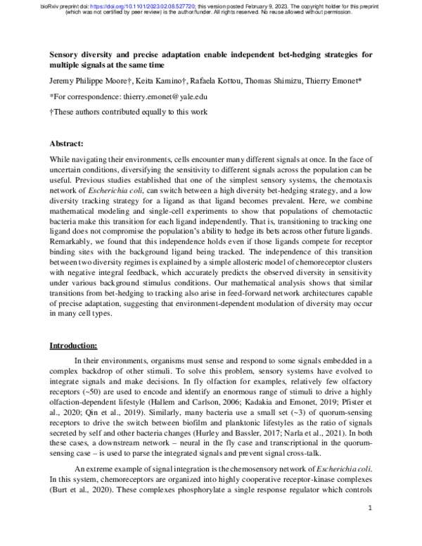 (PDF) Sensory diversity and precise adaptation enable independent bet ...