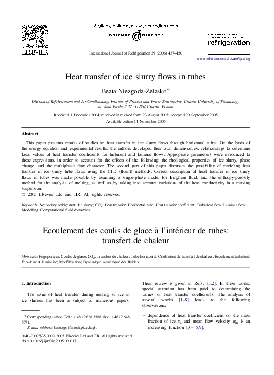 (PDF) Heat transfer of ice slurry flows in tubes