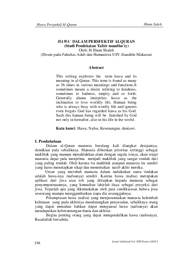 (PDF) Hawa` Dalam Perspektif Al-Qur'an (Studi Pendekatan Tafsir Maudhu`iy)