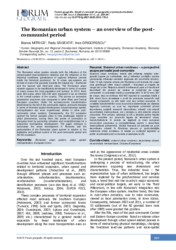 (PDF) The Romanian urban system – an overview of the post-communist period