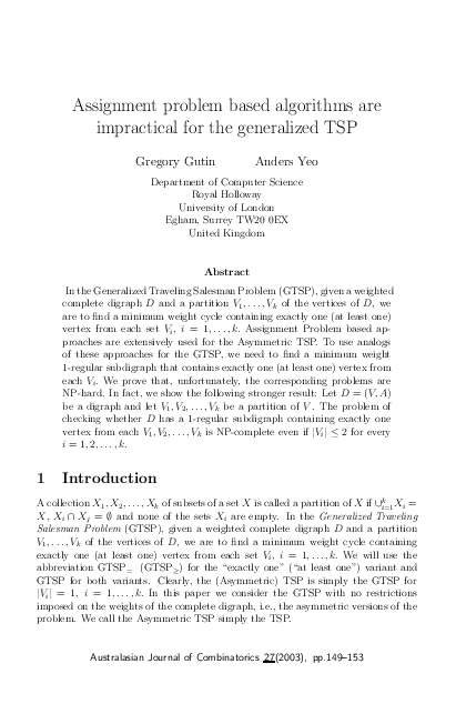 Pdf Assignment Problem Based Algorithms Are Impractical For The Generalized Tsp