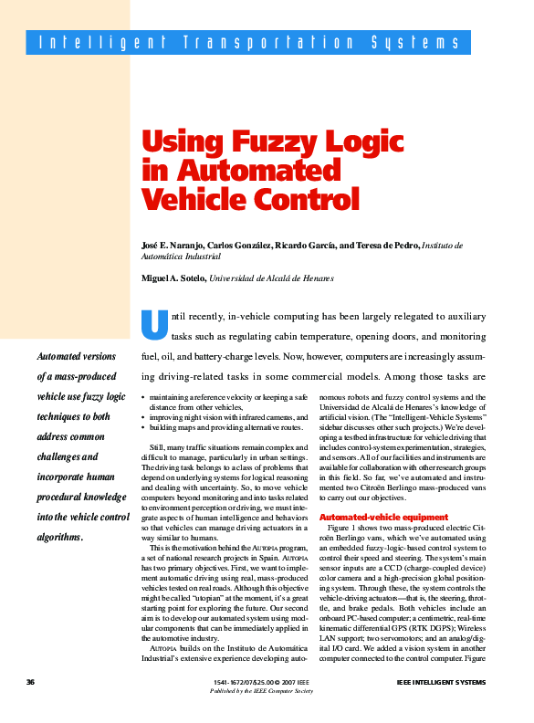 (PDF) Using Fuzzy Logic in Automated Vehicle Control