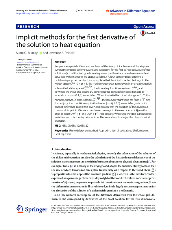 (PDF) Implicit methods for the first derivative of the solution to heat equation