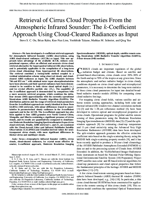 Pdf Retrieval Of Cirrus Cloud Properties From The Atmospheric Infrared Sounder The K
