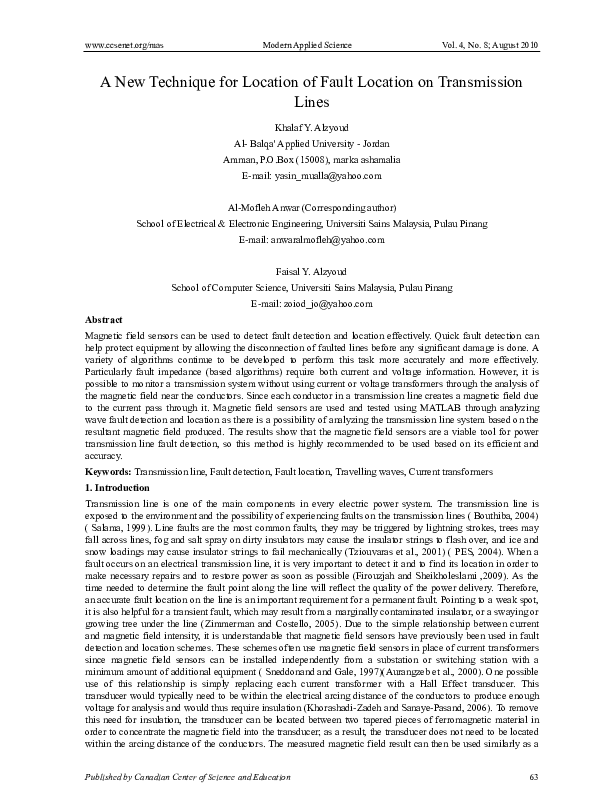 (PDF) A New Technique for Location of Fault Location on Transmission Lines