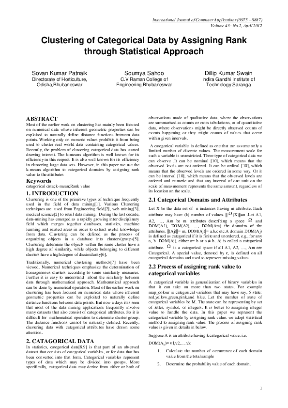 (PDF) Clustering of Categorical Data by Assigning Rank through Statistical Approach