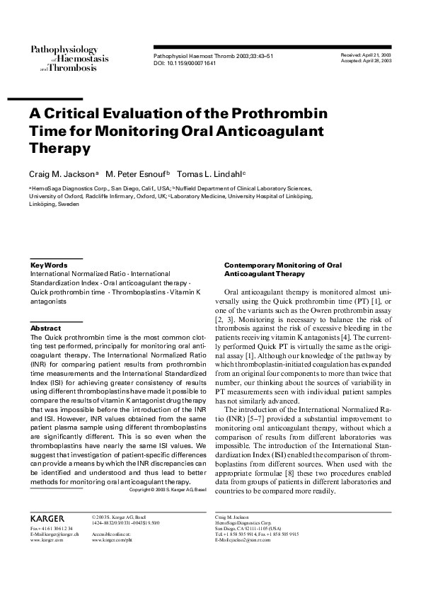 (PDF) A Critical Evaluation of the Prothrombin Time for Monitoring Oral ...