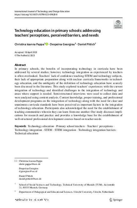 (PDF) Technology education in primary schools: addressing teachers’ perceptions, perceived ...