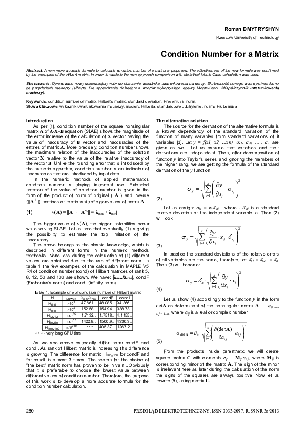 (PDF) Condition Number for a Matrix