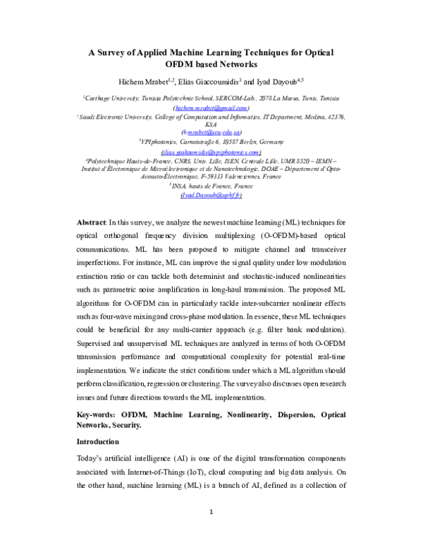 (PDF) A survey of applied machine learning techniques for optical orthogonal frequency division ...