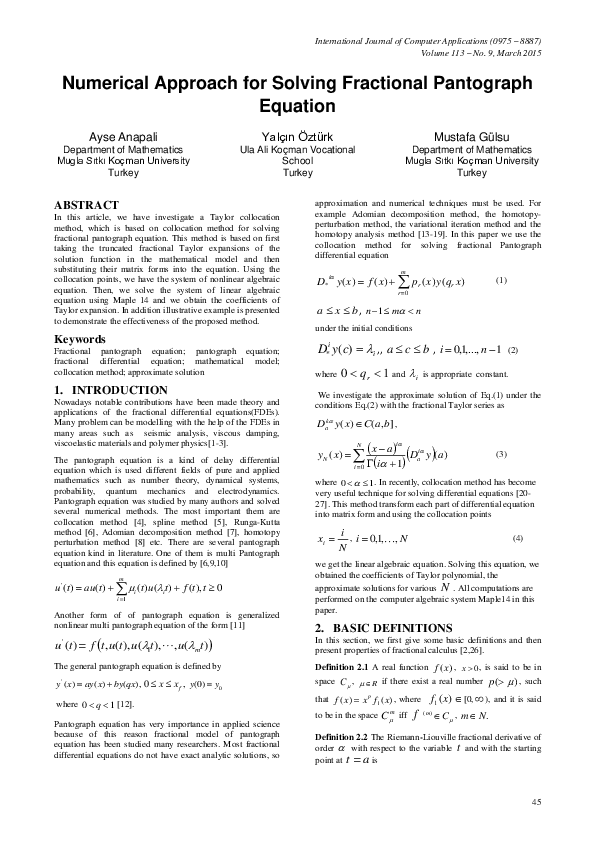Pdf Numerical Approach For Solving Fractional Pantograph Equation