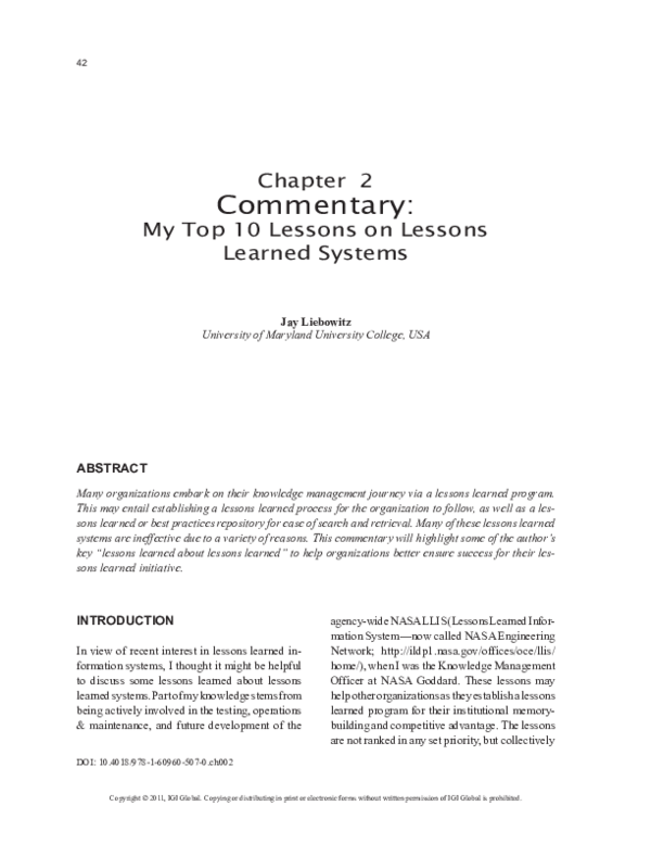 (PDF) My Top 10 Lessons on Lessons Learned Systems