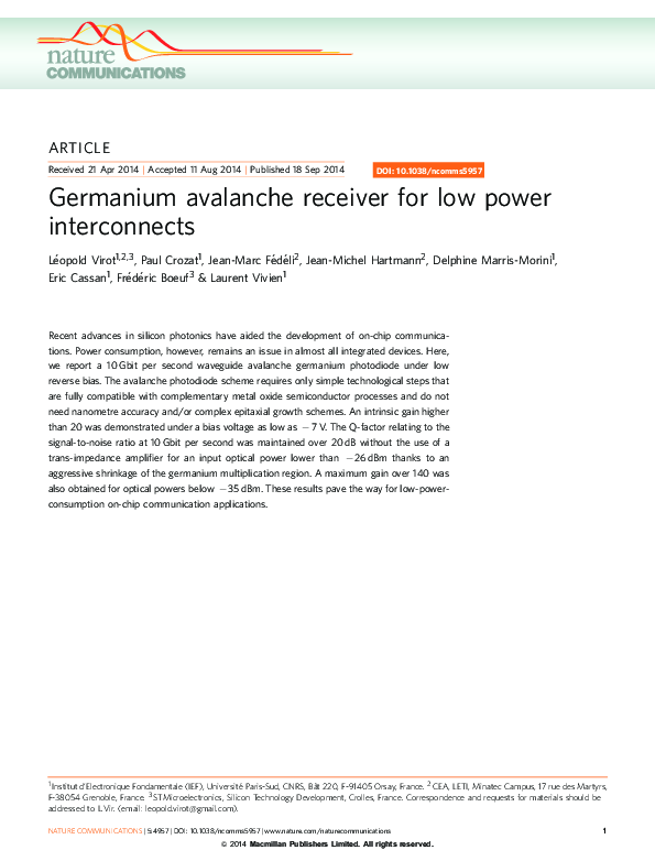 (PDF) Germanium avalanche receiver for low power interconnects