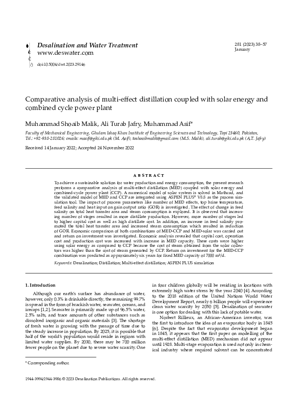 (PDF) Comparative analysis of multi-effect distillation coupled with solar energy and combined ...