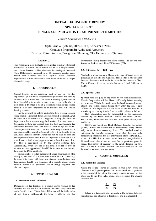 (PDF) Spatial Effects: Binaural Simulation of Sound Source Motion