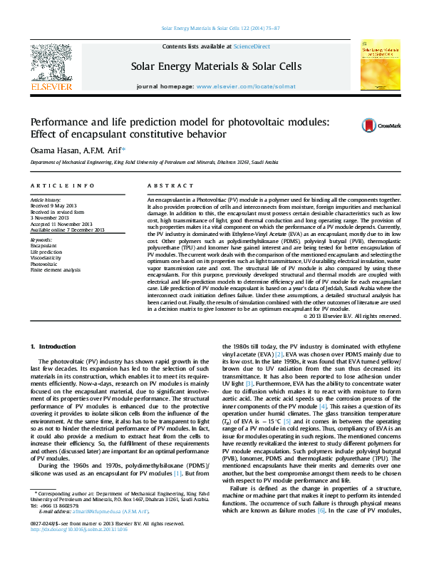 (PDF) Performance and life prediction model for photovoltaic modules ...