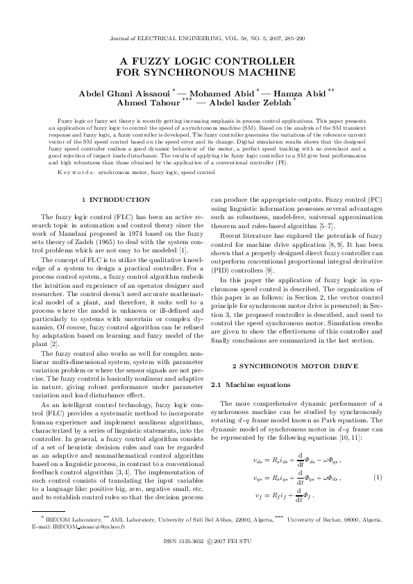(PDF) Fuzzy Logic Control for Synchronous Machines