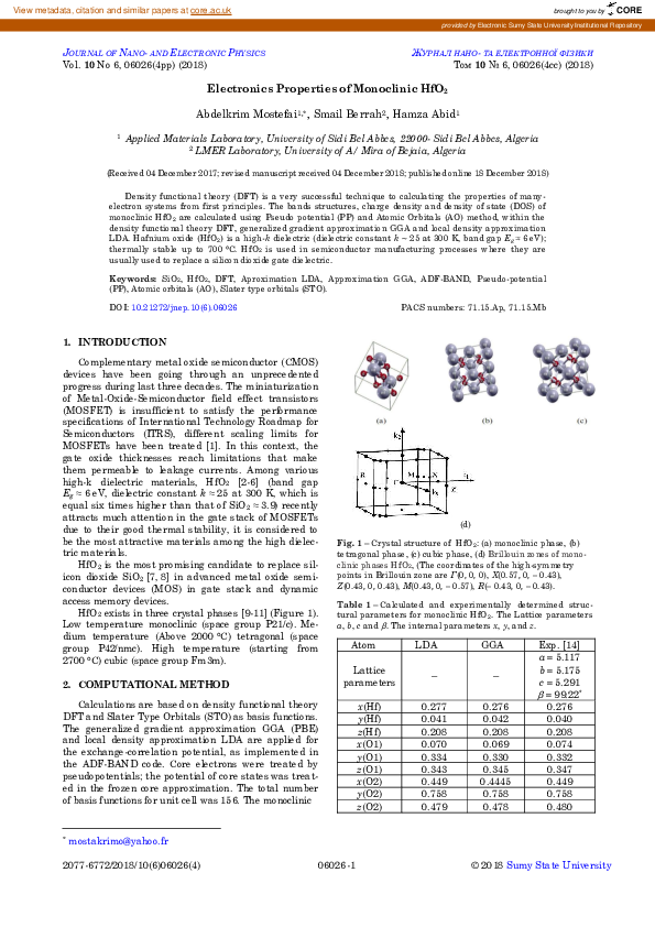 (PDF) Electronics Properties of Monoclinic HfO2