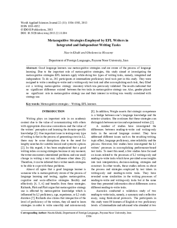 Pdf Validating A Questionnaire On Efl Writers Metacognitive Awareness Of Writing Strategies