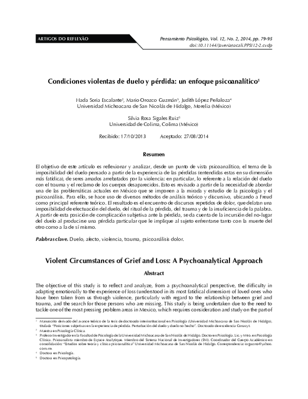 (PDF) Condiciones violentas de duelo y pérdida: un enfoque psicoanalítico