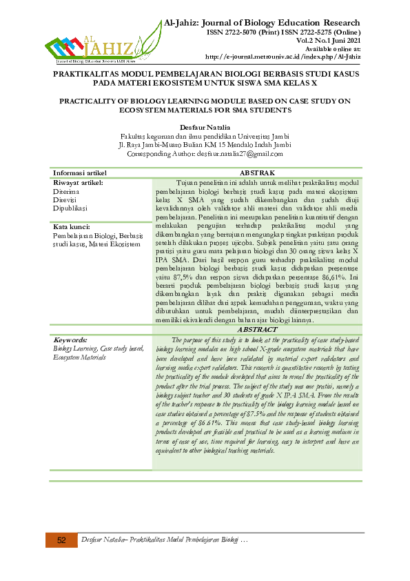 (PDF) Praktikalitas Modul Pembelajaran Biologi Berbasis Studi pada Materi Ekosistem untuk Siswa ...