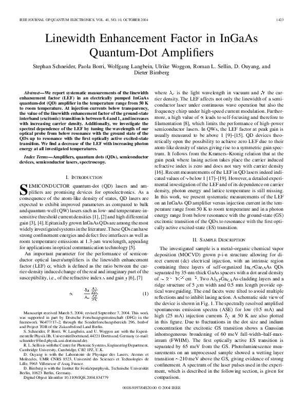 Pdf Linewidth Enhancement Factor In Ingaas Quantum Dot Amplifiers