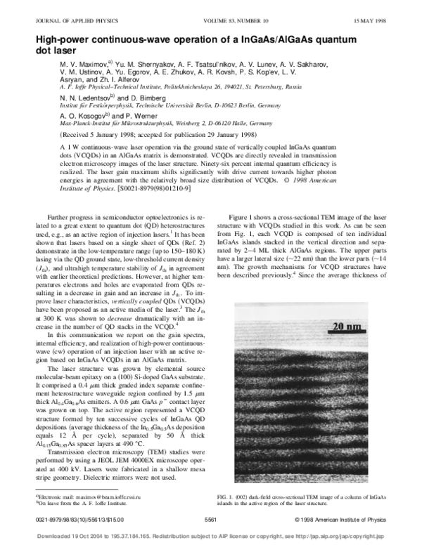 (PDF) High-power continuous-wave operation of a InGaAs/AlGaAs quantum dot laser | Dieter Bimberg ...