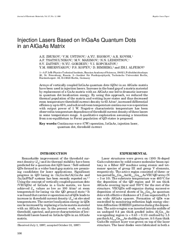 (PDF) Injection lasers based on InGaAs quantum dots in an AlGaAs matrix