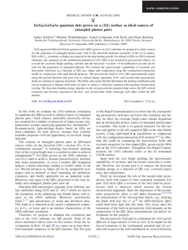 (PDF) In(Ga)As/GaAs quantum dots grown on a (111) surface as ideal ...