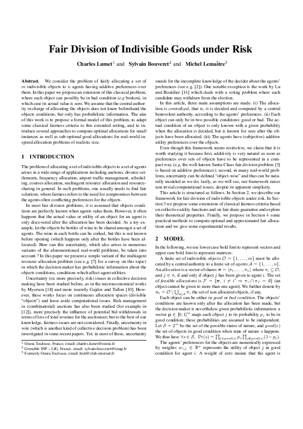 (PDF) Fair Division of Indivisible Goods under Risk