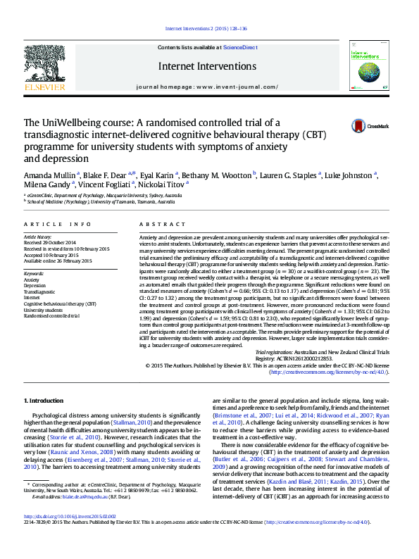 (PDF) The UniWellbeing course: A randomised controlled trial of a transdiagnostic internet ...