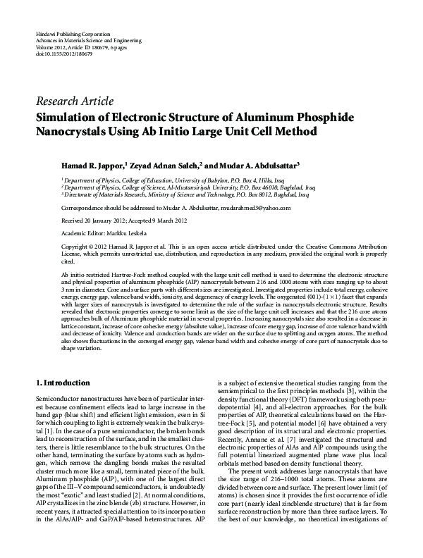 (PDF) Simulation of Electronic Structure of Aluminum Phosphide Nanocrystals Using Ab Initio ...