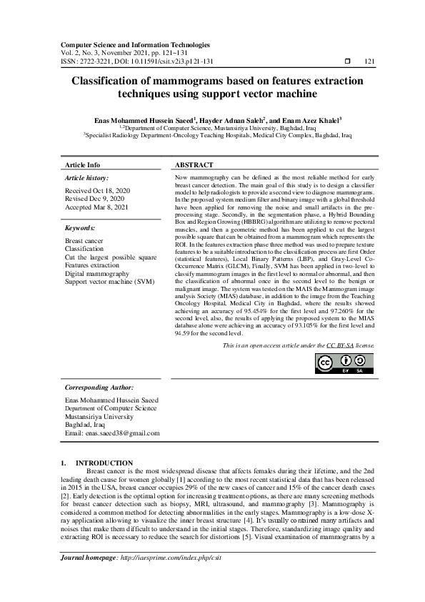 (PDF) Classification of mammograms based on features extraction techniques using support vector ...