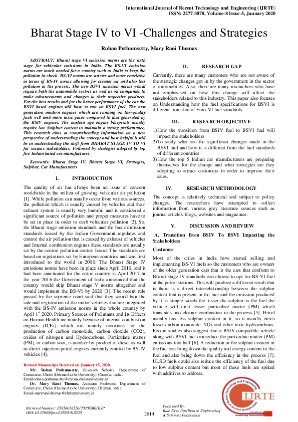 (PDF) Bharat Stage IV to VI -Challenges and Strategies