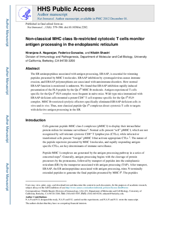(PDF) Nonclassical MHC class Ib–restricted cytotoxic T cells monitor antigen processing in the ...