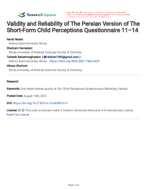 (PDF) Validity and Reliability of The Persian Version of The Short-Form Child Perceptions ...