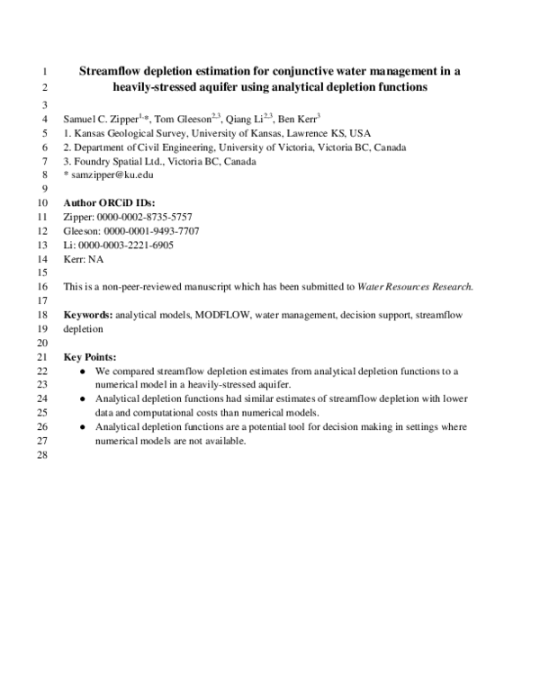 Pdf Streamflow Depletion Estimation For Conjunctive Water Management In A Heavily Stressed