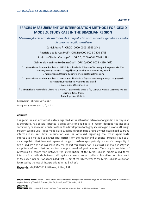 (PDF) Errors Measurement of Interpolation Methods for Geoid Models: Study Case in the Brazilian ...