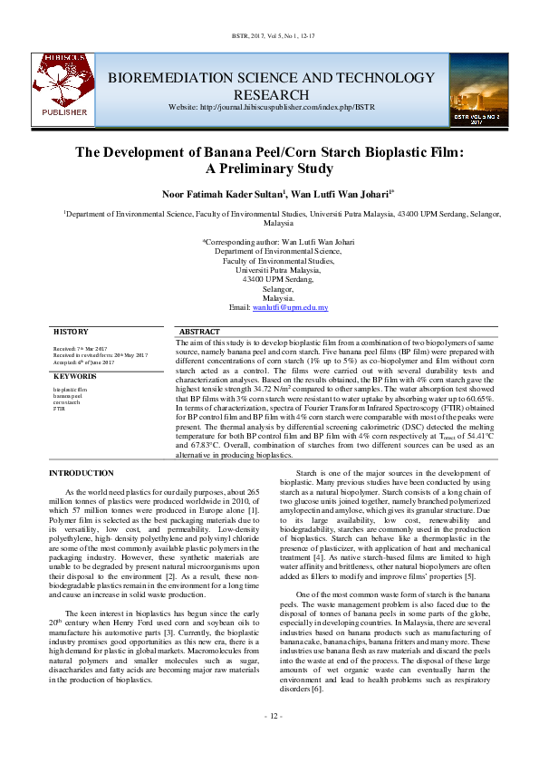 (PDF) The development of banana peel/corn starch bioplastic film: a preliminary study | Noor ...