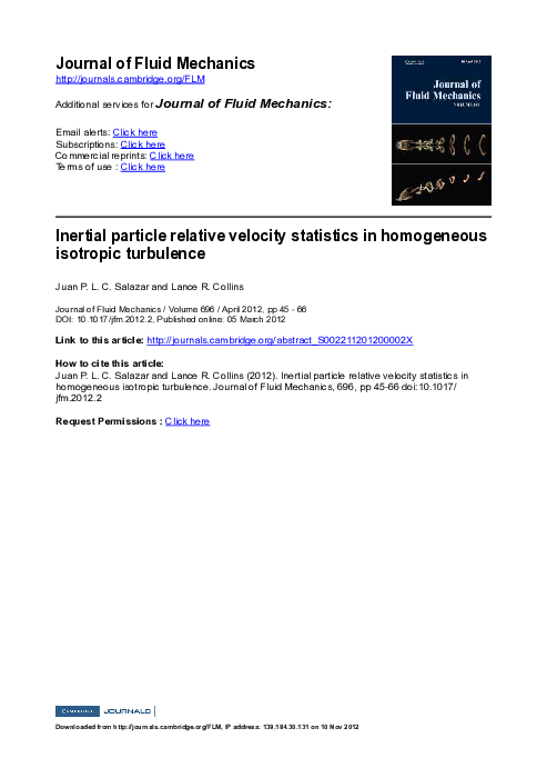 (PDF) Inertial particle relative velocity statistics in homogeneous ...