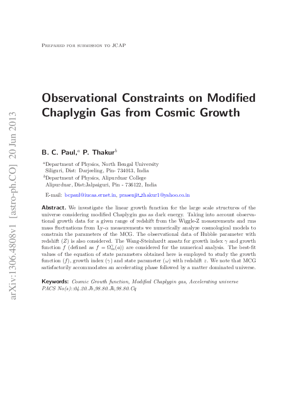 (PDF) Observational constraints on modified Chaplygin gas from cosmic growth