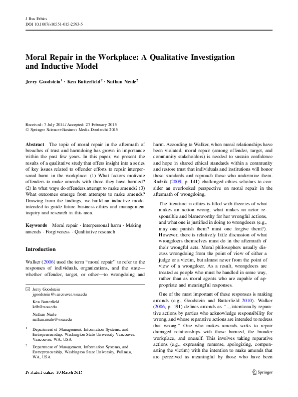 (PDF) Moral Repair in the Workplace: A Qualitative Investigation and Inductive Model