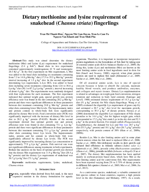 (PDF) Dietary methionine and lysine requirement of snakehead (Channa ...