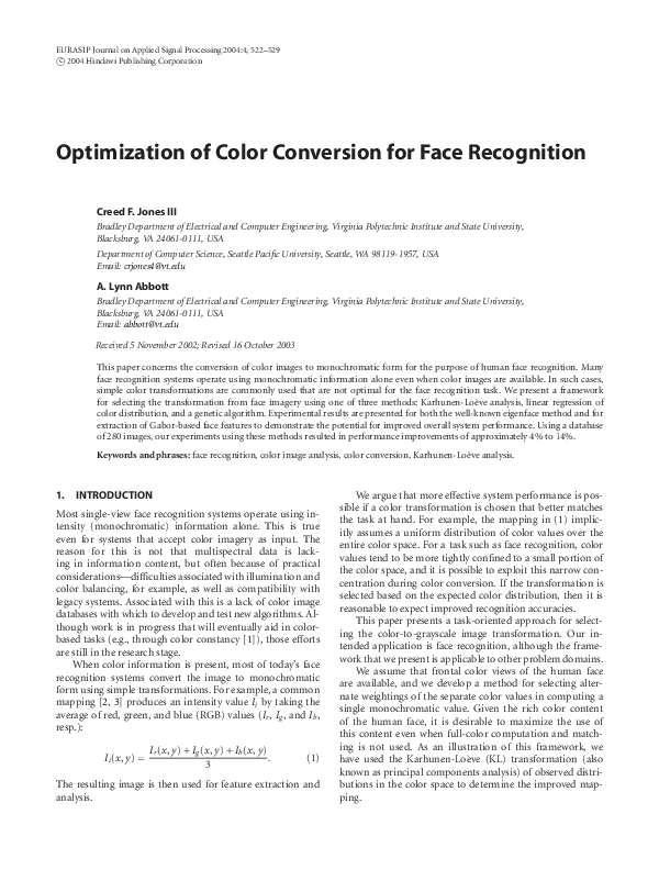 (PDF) Optimization of Color Conversion for Face Recognition