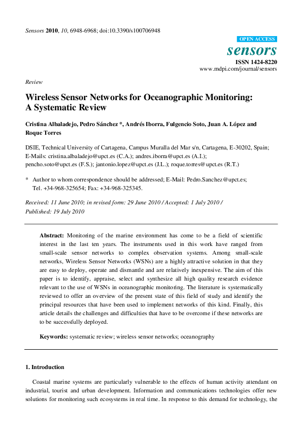 (PDF) Wireless Sensor Networks for Oceanographic Monitoring: A Systematic Review