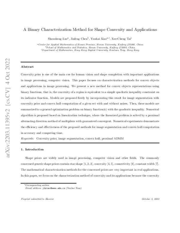 Pdf A Binary Characterization Method For Shape Convexity And Applications